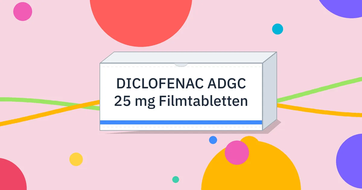 Symbolbild: Packung mit der Aufschrift DICLOFENAC ADGC 25 mg Filmtabletten (PZN 19348987) – Verfügbarkeit und Bezug in Apotheken in Frankfurt am Main