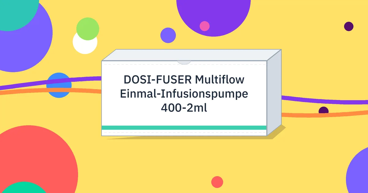 Symbolbild: Packung mit der Aufschrift DOSI-FUSER Multiflow Einmal-Infusionspumpe 400-2ml (PZN 12471992) – Verfügbarkeit und Bezug in Apotheken in Frankfurt am Main