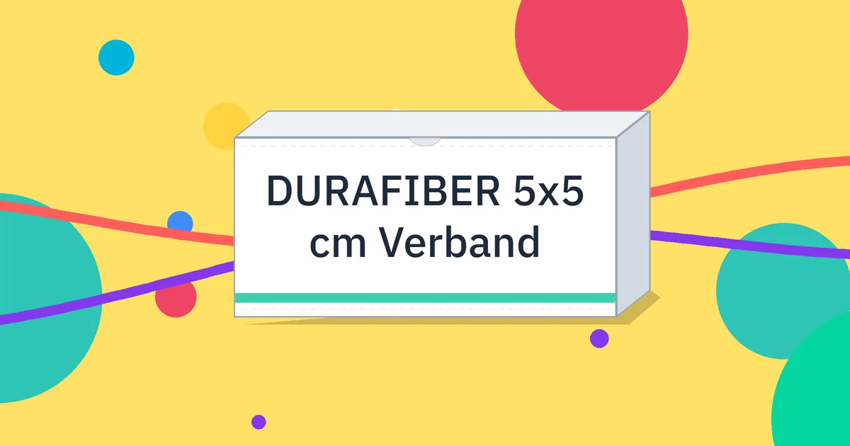 Symbolbild: Packung mit der Aufschrift DURAFIBER 5x5 cm Verband (PZN 12484718) – Verfügbarkeit und Bezug in Apotheken in Frankfurt am Main