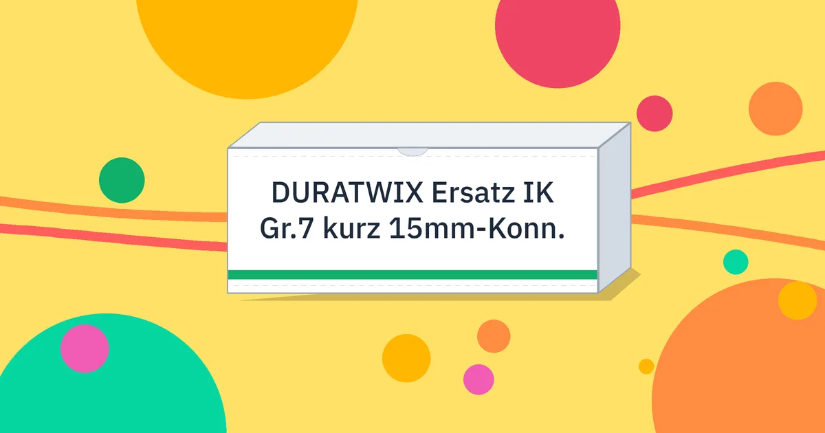 Symbolbild: Packung mit der Aufschrift DURATWIX Ersatz IK Gr.7 kurz 15mm-Konn. (PZN 06976676) – Verfügbarkeit und Bezug in Apotheken in Frankfurt am Main