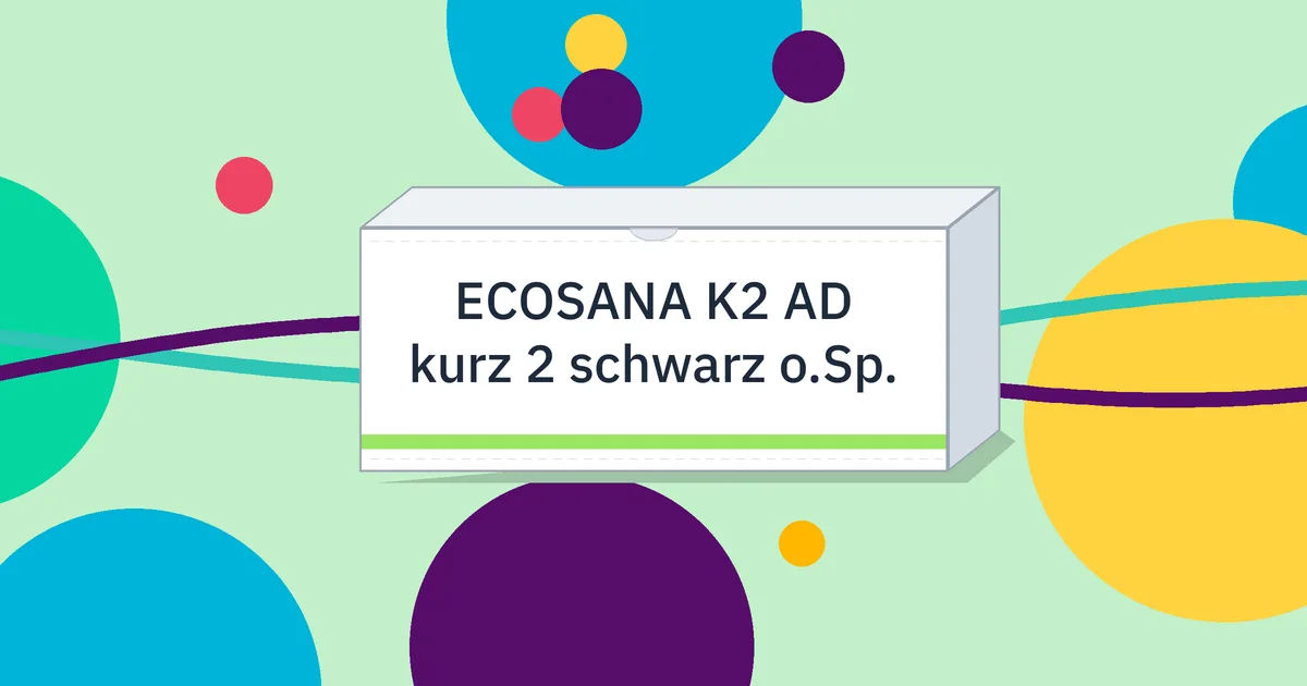 Symbolbild: Packung mit der Aufschrift ECOSANA K2 AD kurz 2 schwarz o.Sp. (PZN 01335033) – Verfügbarkeit und Bezug in Apotheken in Frankfurt am Main