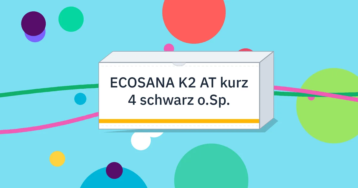 Symbolbild: Packung mit der Aufschrift ECOSANA K2 AT kurz 4 schwarz o.Sp. (PZN 01558460) – Verfügbarkeit und Bezug in Apotheken in Frankfurt am Main