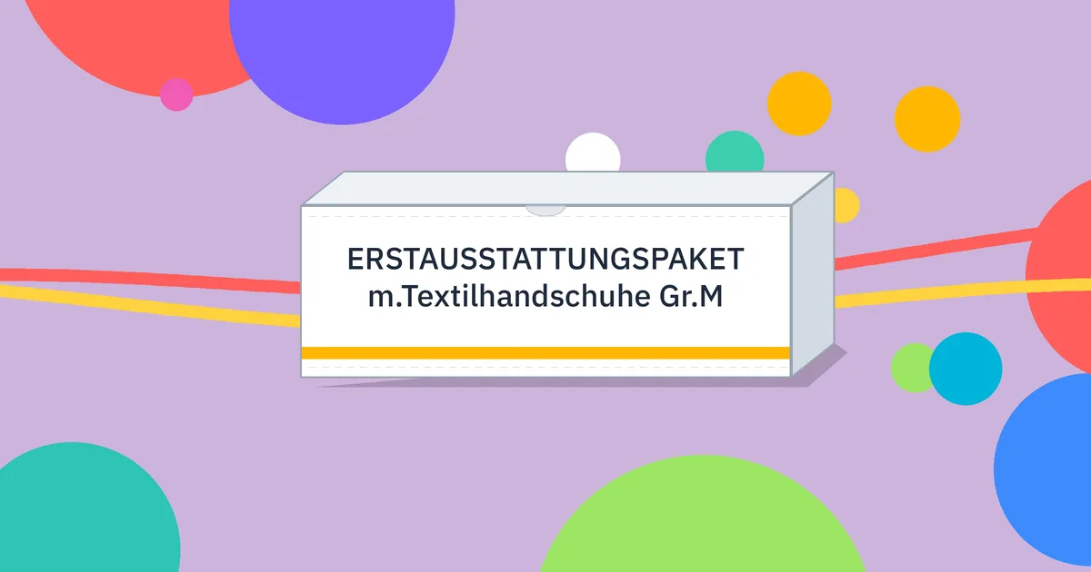 Symbolbild: Packung mit der Aufschrift ERSTAUSSTATTUNGSPAKET m.Textilhandschuhe Gr.M (PZN 14409833) – Verfügbarkeit und Bezug in Apotheken in Frankfurt am Main