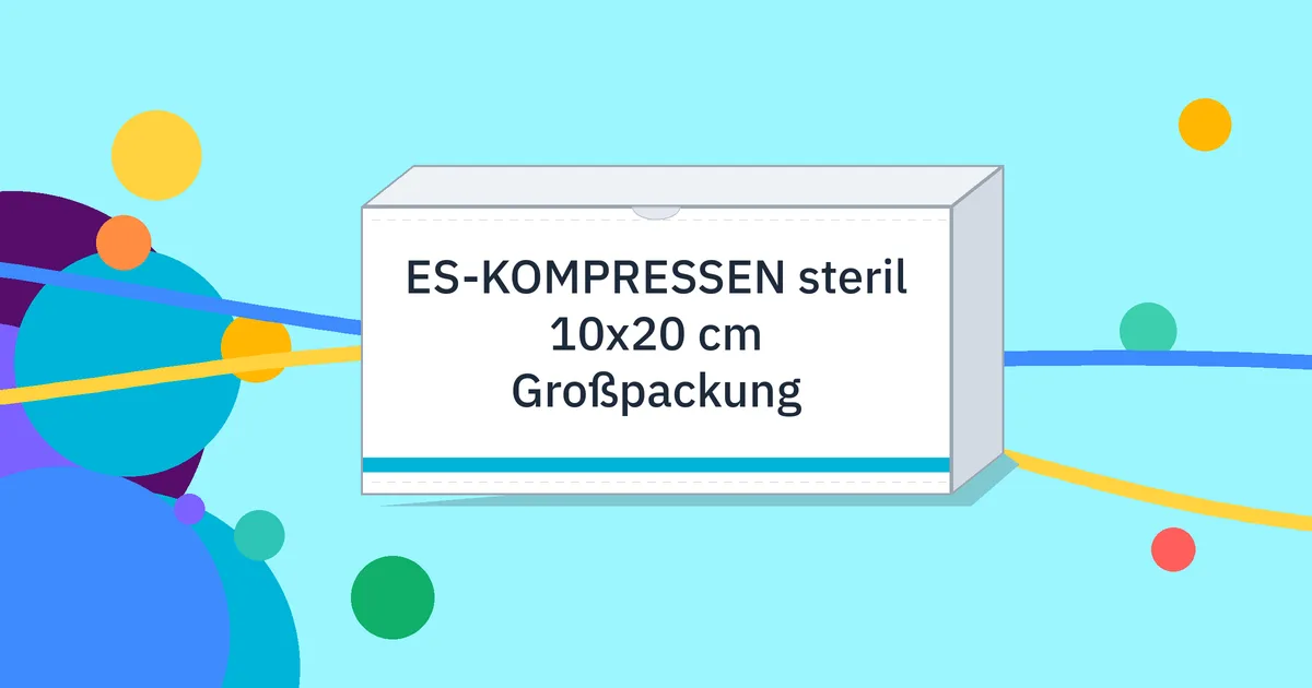 Symbolbild: Packung mit der Aufschrift ES-KOMPRESSEN steril 10x20 cm Großpackung (PZN 16596259) – Verfügbarkeit und Bezug in Apotheken in Frankfurt am Main