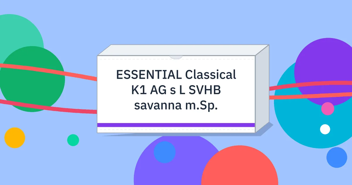 Symbolbild: Packung mit der Aufschrift ESSENTIAL Classical K1 AG s L SVHB savanna m.Sp. (PZN 18420978) – Verfügbarkeit und Bezug in Apotheken in Frankfurt am Main