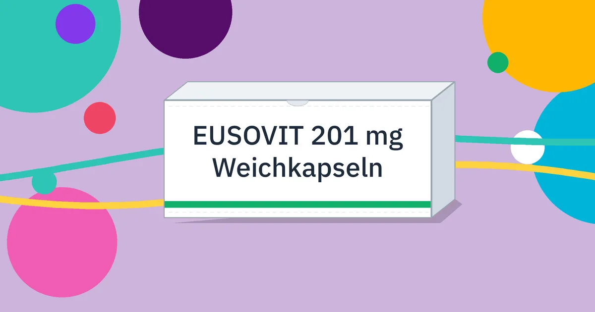 Symbolbild: Packung mit der Aufschrift EUSOVIT 201 mg Weichkapseln (PZN 16572460) – Verfügbarkeit und Bezug in Apotheken in Frankfurt am Main