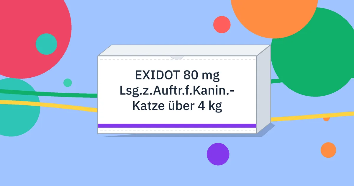 Symbolbild: Packung mit der Aufschrift EXIDOT 80 mg Lsg.z.Auftr.f.Kanin.-Katze über 4 kg (PZN 16828853) – Verfügbarkeit und Bezug in Apotheken in Frankfurt am Main