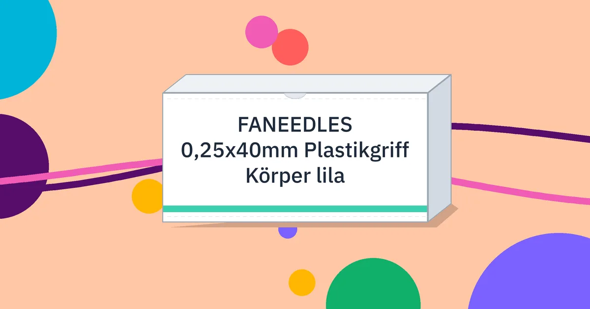 Symbolbild: Packung mit der Aufschrift FANEEDLES 0,25x40mm Plastikgriff Körper lila (PZN 20044873) – Verfügbarkeit und Bezug in Apotheken in Frankfurt am Main