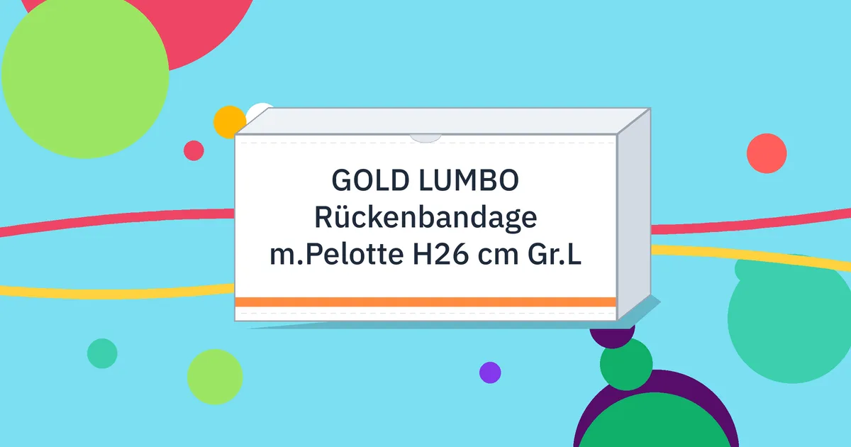 Symbolbild: Packung mit der Aufschrift GOLD LUMBO Rückenbandage m.Pelotte H26 cm Gr.L (PZN 19133809) – Verfügbarkeit und Bezug in Apotheken in Frankfurt am Main