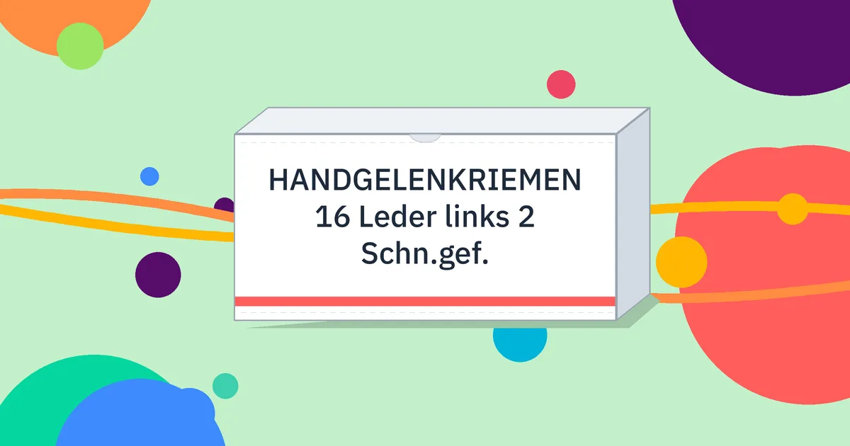Symbolbild: Packung mit der Aufschrift HANDGELENKRIEMEN 16 Leder links 2 Schn.gef. (PZN 03230350) – Verfügbarkeit und Bezug in Apotheken in Frankfurt am Main