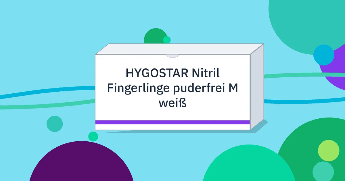 Symbolbild: Packung mit der Aufschrift HYGOSTAR Nitril Fingerlinge puderfrei M weiß (PZN 20774583) – Verfügbarkeit und Bezug in Apotheken in Frankfurt am Main