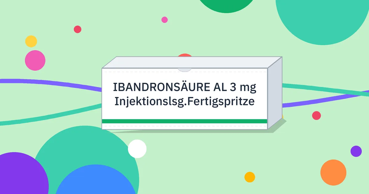 Symbolbild: Packung mit der Aufschrift IBANDRONSÄURE AL 3 mg Injektionslsg.Fertigspritze (PZN 09530478) – Verfügbarkeit und Bezug in Apotheken in Frankfurt am Main