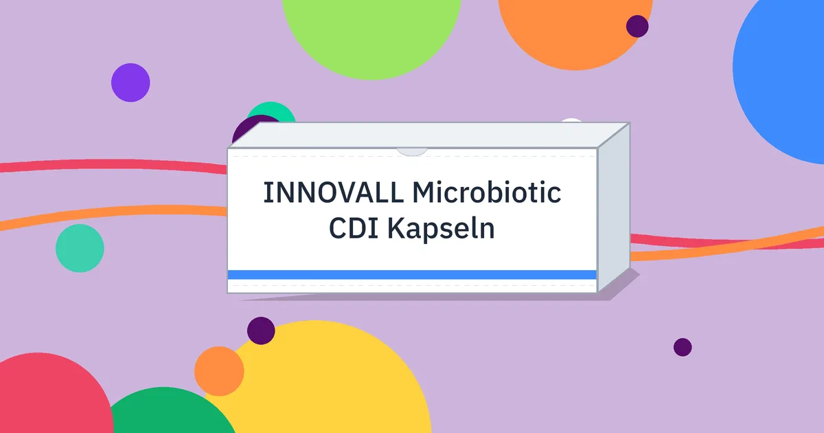 Symbolbild: Packung mit der Aufschrift INNOVALL Microbiotic CDI Kapseln (PZN 14133590) – Verfügbarkeit und Bezug in Apotheken in Frankfurt am Main
