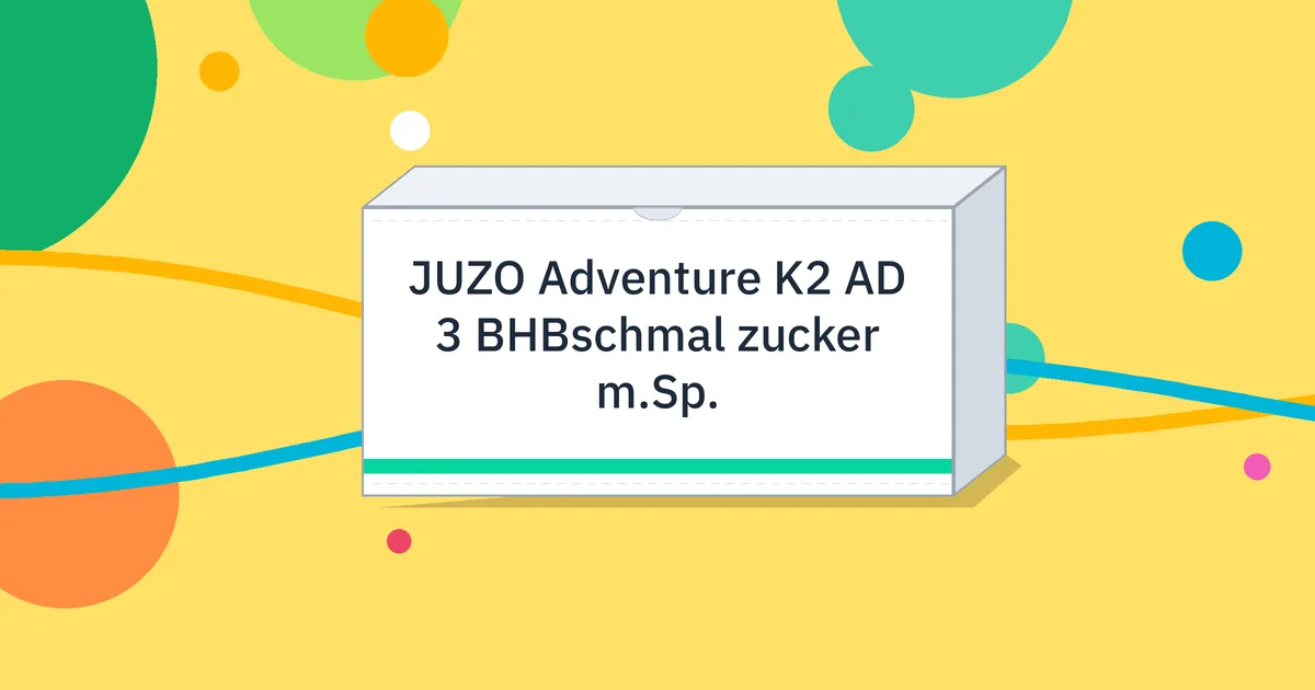 Symbolbild: Packung mit der Aufschrift JUZO Adventure K2 AD 3 BHBschmal zucker m.Sp. (PZN 16343162) – Verfügbarkeit und Bezug in Apotheken in Frankfurt am Main