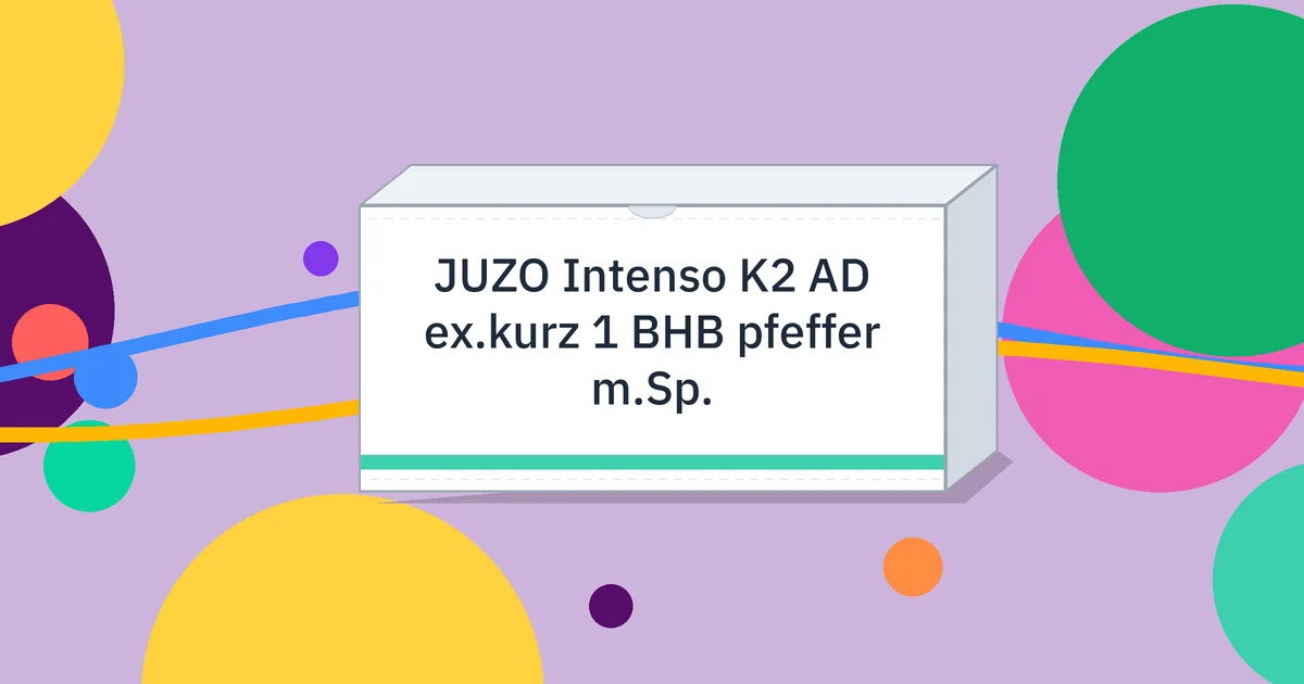 Symbolbild: Packung mit der Aufschrift JUZO Intenso K2 AD ex.kurz 1 BHB pfeffer m.Sp. (PZN 18614895) – Verfügbarkeit und Bezug in Apotheken in Frankfurt am Main