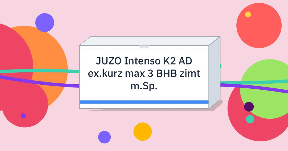 Symbolbild: Packung mit der Aufschrift JUZO Intenso K2 AD ex.kurz max 3 BHB zimt m.Sp. (PZN 18613849) – Verfügbarkeit und Bezug in Apotheken in Frankfurt am Main