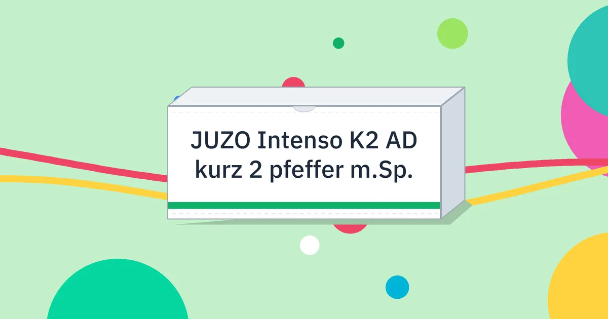 Symbolbild: Packung mit der Aufschrift JUZO Intenso K2 AD kurz 2 pfeffer m.Sp. (PZN 18607263) – Verfügbarkeit und Bezug in Apotheken in Frankfurt am Main