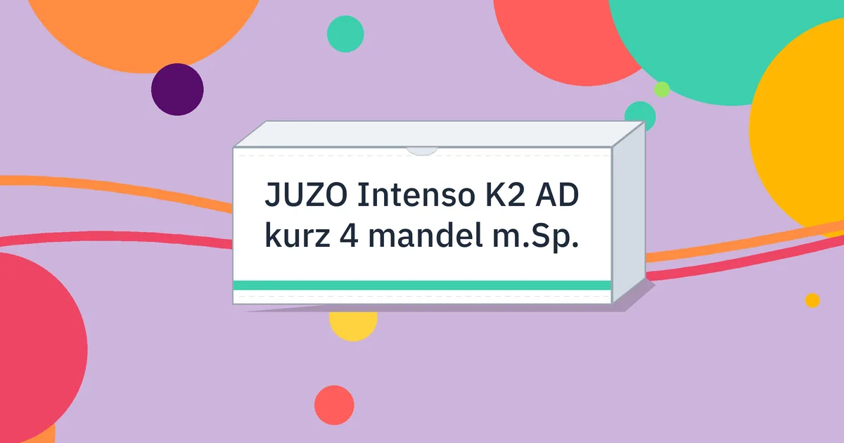 Symbolbild: Packung mit der Aufschrift JUZO Intenso K2 AD kurz 4 mandel m.Sp. (PZN 18607582) – Verfügbarkeit und Bezug in Apotheken in Frankfurt am Main