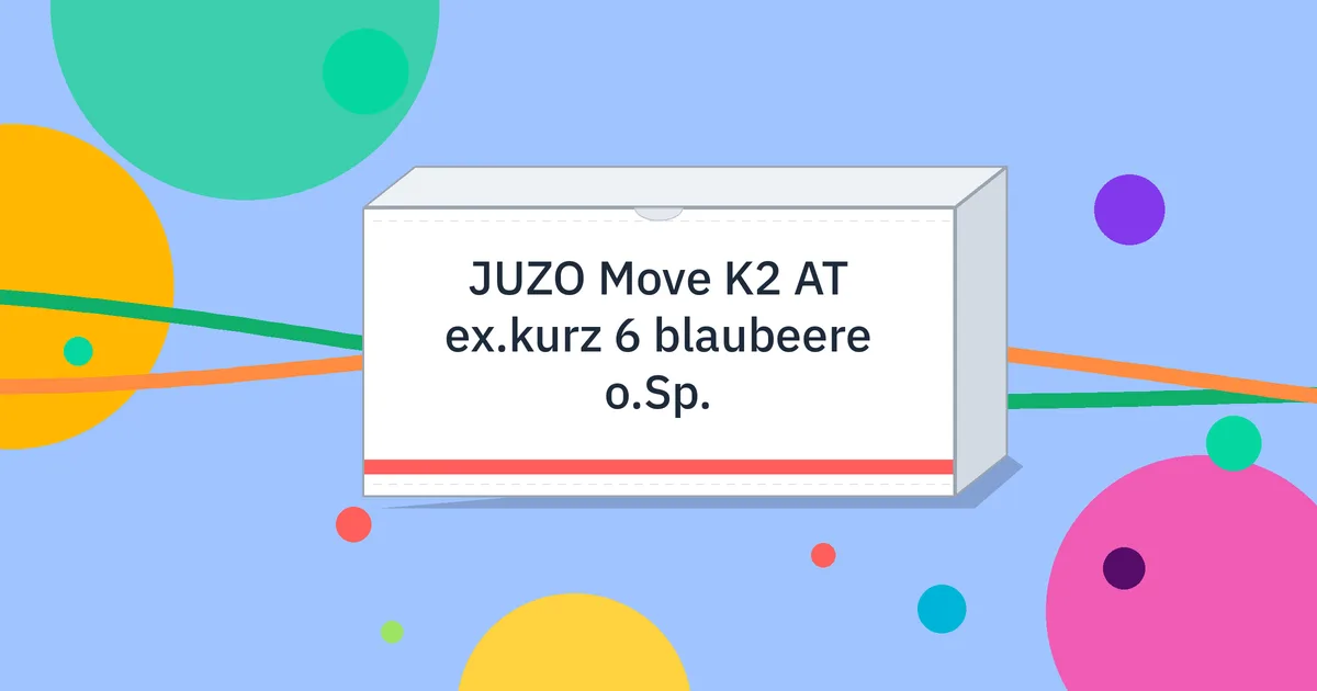 Symbolbild: Packung mit der Aufschrift JUZO Move K2 AT ex.kurz 6 blaubeere o.Sp. (PZN 20672397) – Verfügbarkeit und Bezug in Apotheken in Frankfurt am Main