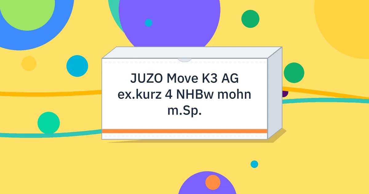 Symbolbild: Packung mit der Aufschrift JUZO Move K3 AG ex.kurz 4 NHBw mohn m.Sp. (PZN 18594371) – Verfügbarkeit und Bezug in Apotheken in Frankfurt am Main