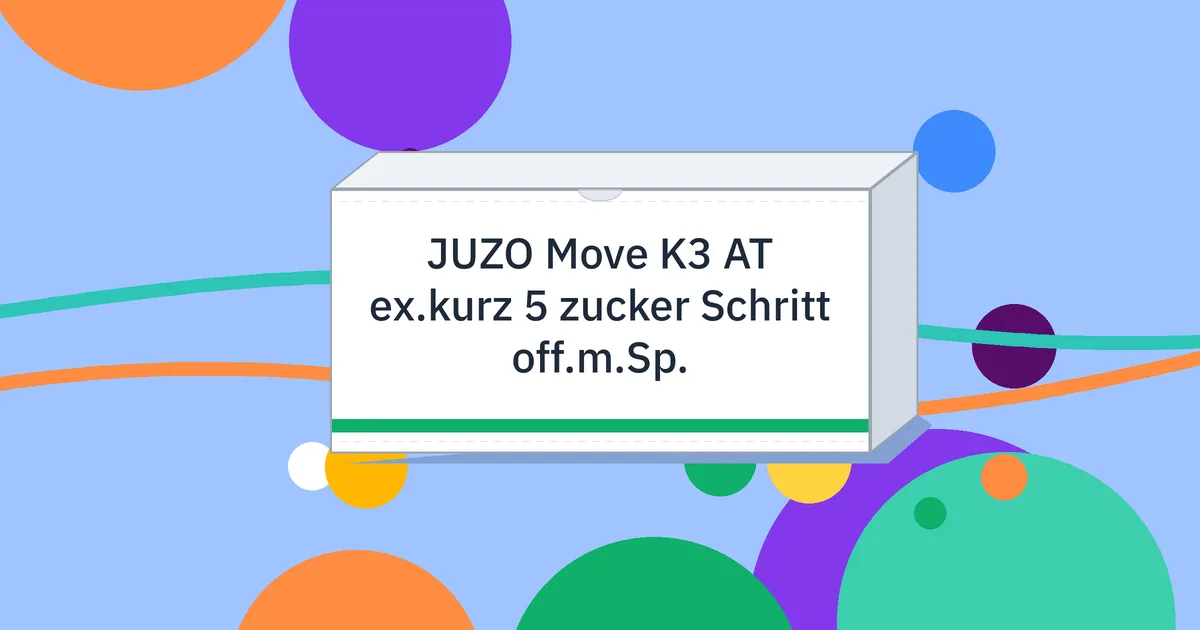 Symbolbild: Packung mit der Aufschrift JUZO Move K3 AT ex.kurz 5 zucker Schritt off.m.Sp. (PZN 20680356) – Verfügbarkeit und Bezug in Apotheken in Frankfurt am Main