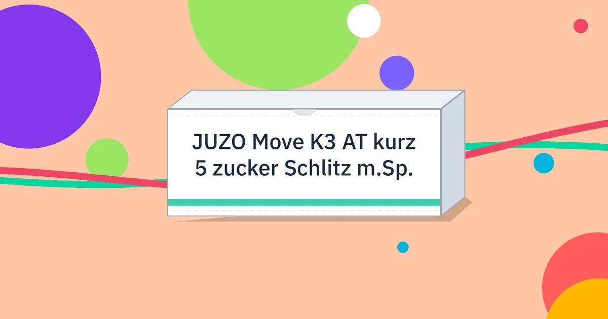 Symbolbild: Packung mit der Aufschrift JUZO Move K3 AT kurz 5 zucker Schlitz m.Sp. (PZN 20683975) – Verfügbarkeit und Bezug in Apotheken in Frankfurt am Main