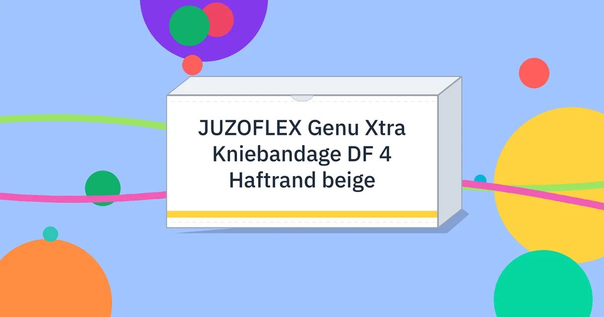 Symbolbild: Packung mit der Aufschrift JUZOFLEX Genu Xtra Kniebandage DF 4 Haftrand beige (PZN 16497379) – Verfügbarkeit und Bezug in Apotheken in Frankfurt am Main