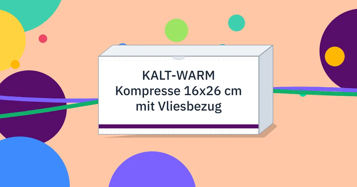 Symbolbild: Packung mit der Aufschrift KALT-WARM Kompresse 16x26 cm mit Vliesbezug (PZN 09441852) – Verfügbarkeit und Bezug in Apotheken in Frankfurt am Main