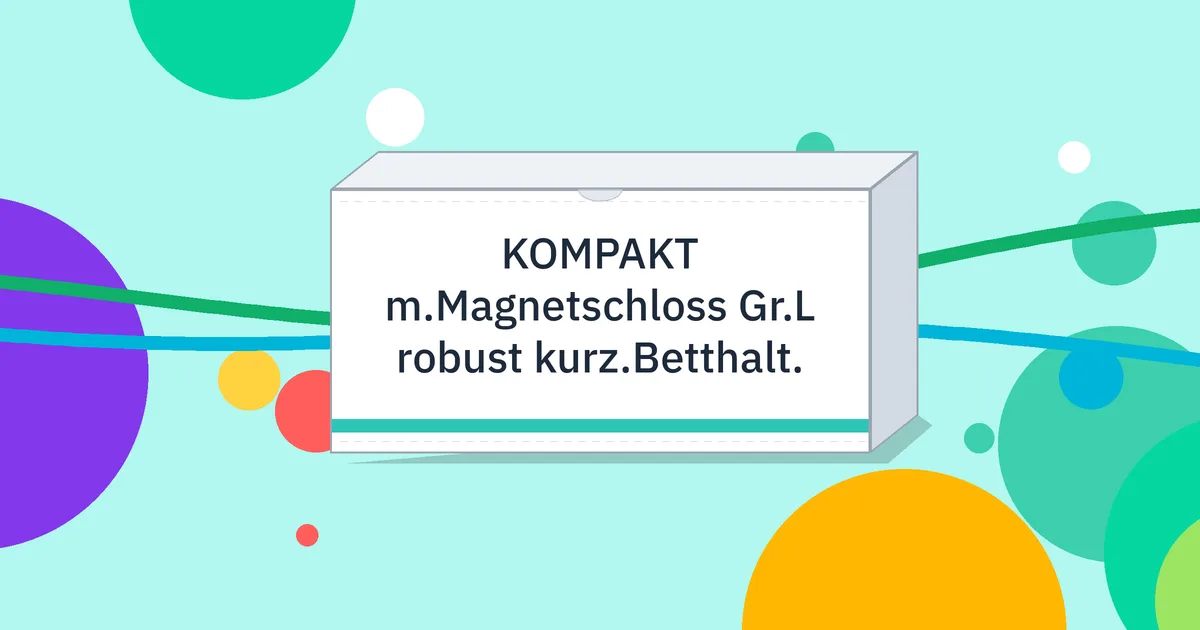 Symbolbild: Packung mit der Aufschrift KOMPAKT m.Magnetschloss Gr.L robust kurz.Betthalt. (PZN 11574276) – Verfügbarkeit und Bezug in Apotheken in Frankfurt am Main