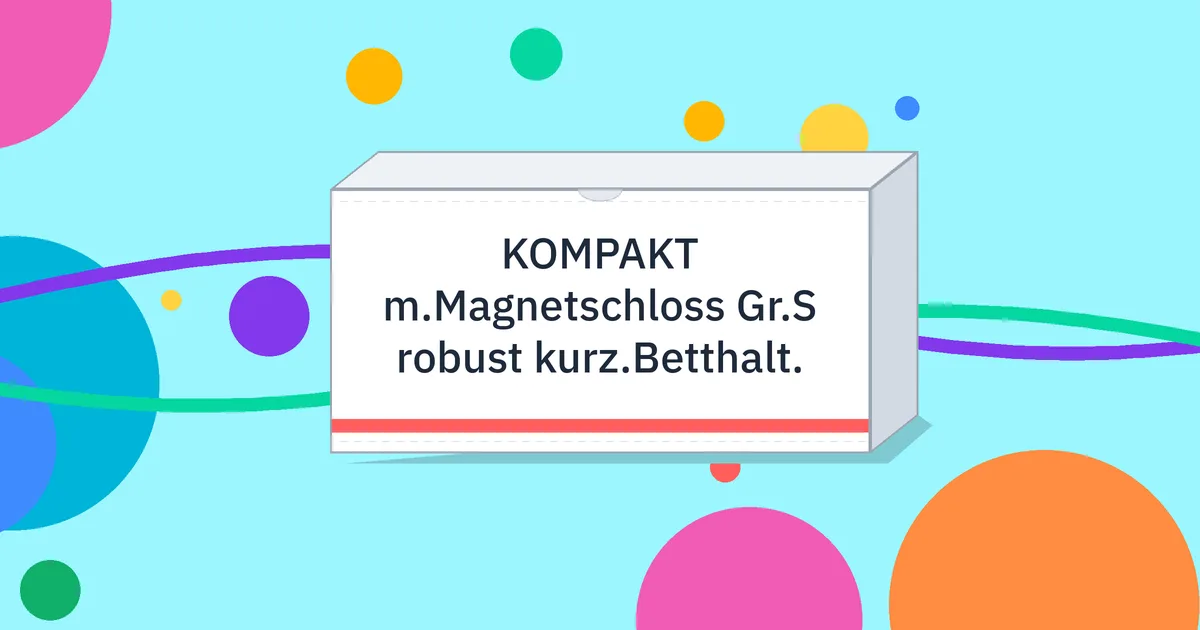 Symbolbild: Packung mit der Aufschrift KOMPAKT m.Magnetschloss Gr.S robust kurz.Betthalt. (PZN 11574247) – Verfügbarkeit und Bezug in Apotheken in Frankfurt am Main