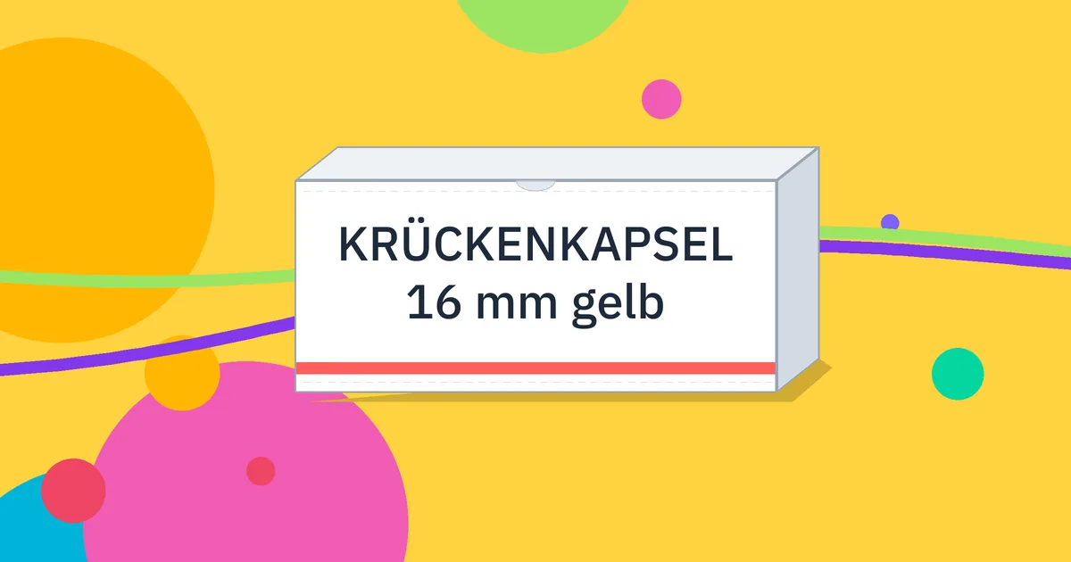 Symbolbild: Packung mit der Aufschrift KRÜCKENKAPSEL 16 mm gelb (PZN 13978405) – Verfügbarkeit und Bezug in Apotheken in Frankfurt am Main