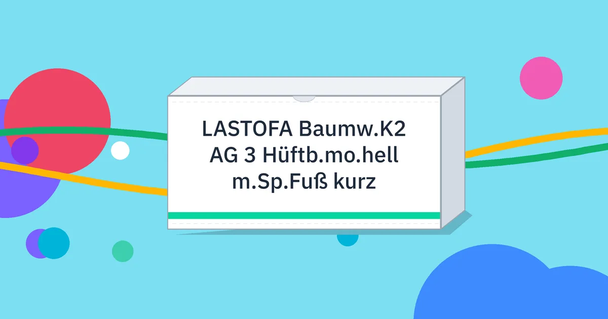 Symbolbild: Packung mit der Aufschrift LASTOFA Baumw.K2 AG 3 Hüftb.mo.hell m.Sp.Fuß kurz (PZN 01949479) – Verfügbarkeit und Bezug in Apotheken in Frankfurt am Main