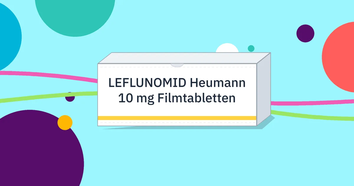 Symbolbild: Packung mit der Aufschrift LEFLUNOMID Heumann 10 mg Filmtabletten (PZN 13725555) – Verfügbarkeit und Bezug in Apotheken in Frankfurt am Main
