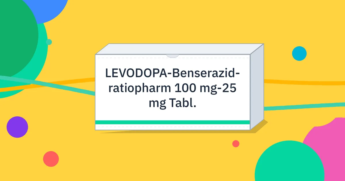 Symbolbild: Packung mit der Aufschrift LEVODOPA-Benserazid-ratiopharm 100 mg-25 mg Tabl. (PZN 09002578) – Verfügbarkeit und Bezug in Apotheken in Frankfurt am Main