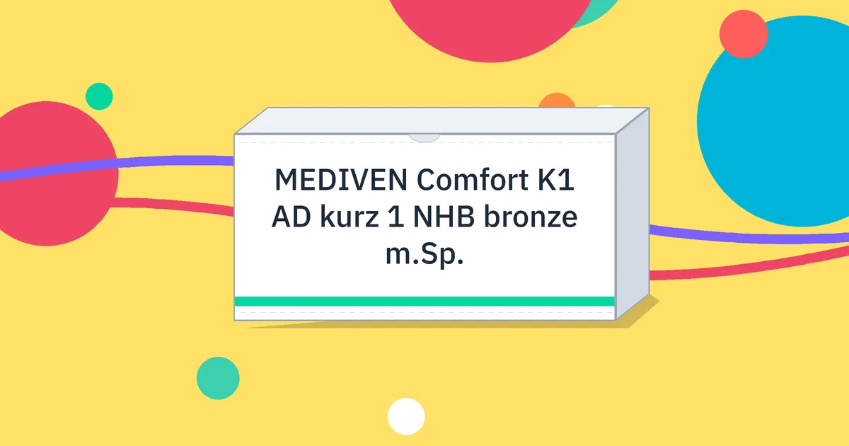 Symbolbild: Packung mit der Aufschrift MEDIVEN Comfort K1 AD kurz 1 NHB bronze m.Sp. (PZN 14556592) – Verfügbarkeit und Bezug in Apotheken in Frankfurt am Main