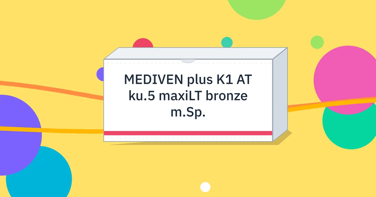 Symbolbild: Packung mit der Aufschrift MEDIVEN plus K1 AT ku.5 maxiLT bronze m.Sp. (PZN 15069776) – Verfügbarkeit und Bezug in Apotheken in Frankfurt am Main
