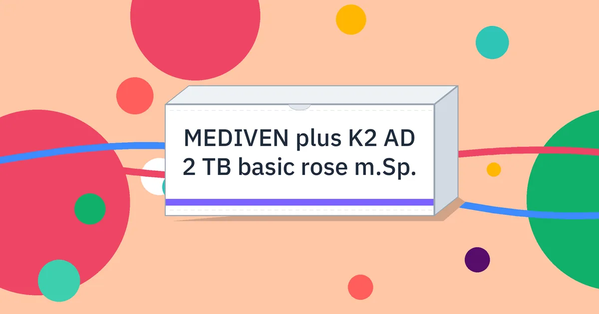 Symbolbild: Packung mit der Aufschrift MEDIVEN plus K2 AD 2 TB basic rose m.Sp. (PZN 15094432) – Verfügbarkeit und Bezug in Apotheken in Frankfurt am Main