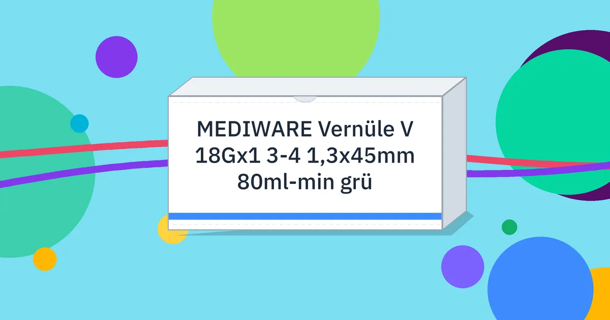 Symbolbild: Packung mit der Aufschrift MEDIWARE Vernüle V 18Gx1 3-4 1,3x45mm 80ml-min grü (PZN 16034320) – Verfügbarkeit und Bezug in Apotheken in Frankfurt am Main