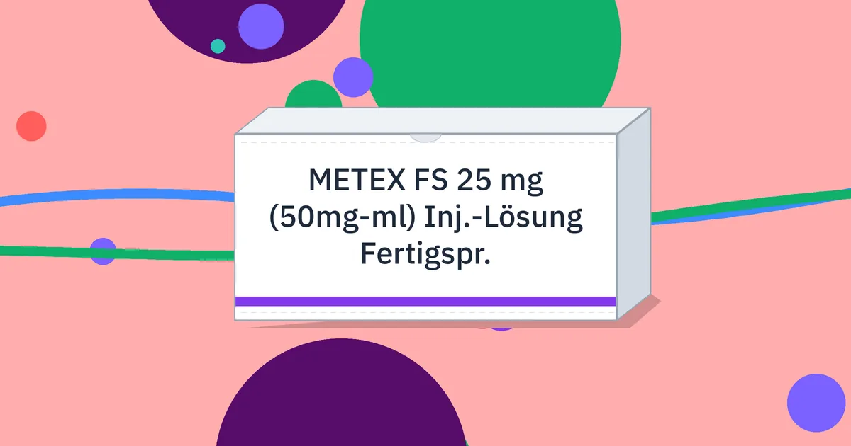 Symbolbild: Packung mit der Aufschrift METEX FS 25 mg (50mg-ml) Inj.-Lösung Fertigspr. (PZN 01178220) – Verfügbarkeit und Bezug in Apotheken in Frankfurt am Main