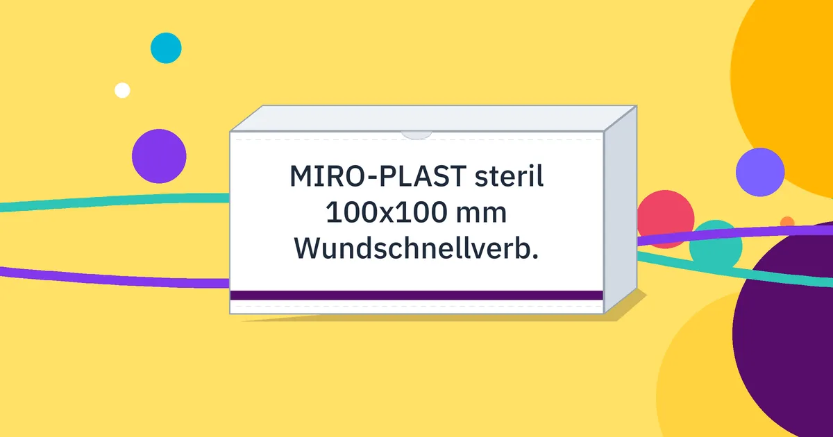 Symbolbild: Packung mit der Aufschrift MIRO-PLAST steril 100x100 mm Wundschnellverb. (PZN 06476867) – Verfügbarkeit und Bezug in Apotheken in Frankfurt am Main