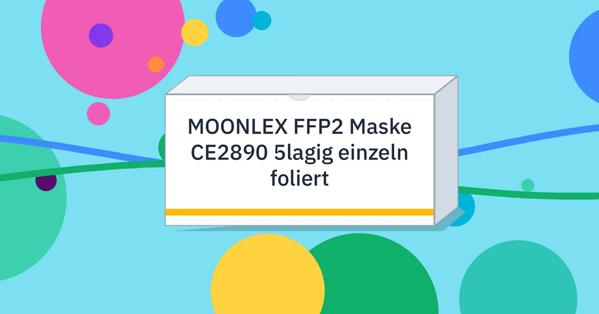 Symbolbild: Packung mit der Aufschrift MOONLEX FFP2 Maske CE2890 5lagig einzeln foliert (PZN 19903294) – Verfügbarkeit und Bezug in Apotheken in Frankfurt am Main