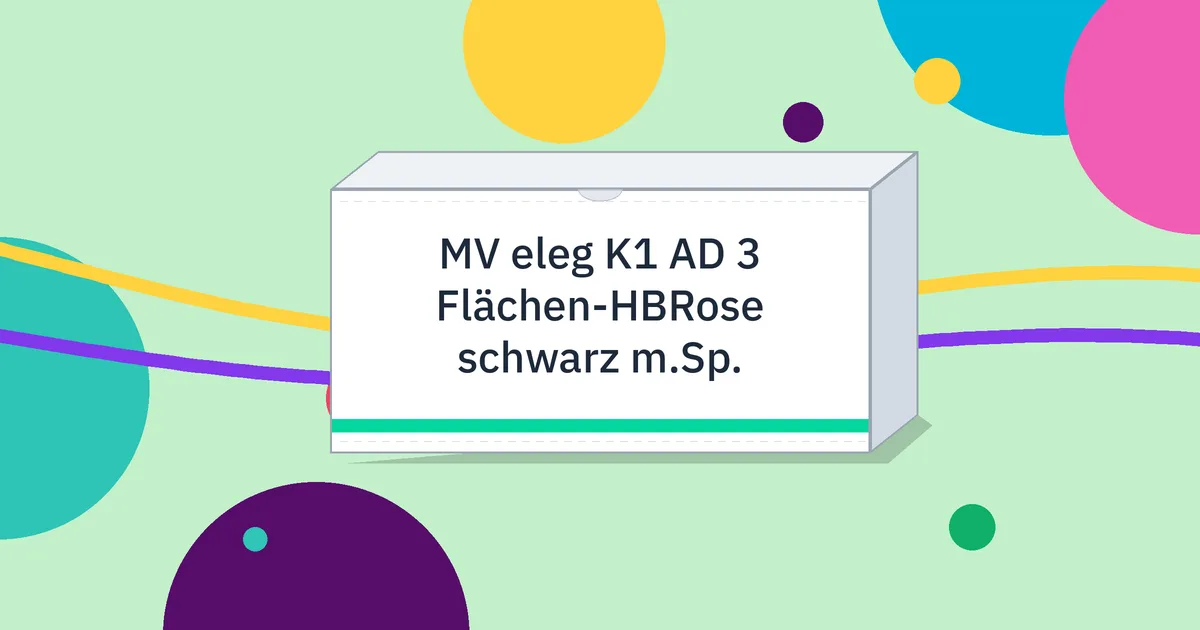 Symbolbild: Packung mit der Aufschrift MV eleg K1 AD 3 Flächen-HBRose schwarz m.Sp. (PZN 15667448) – Verfügbarkeit und Bezug in Apotheken in Frankfurt am Main