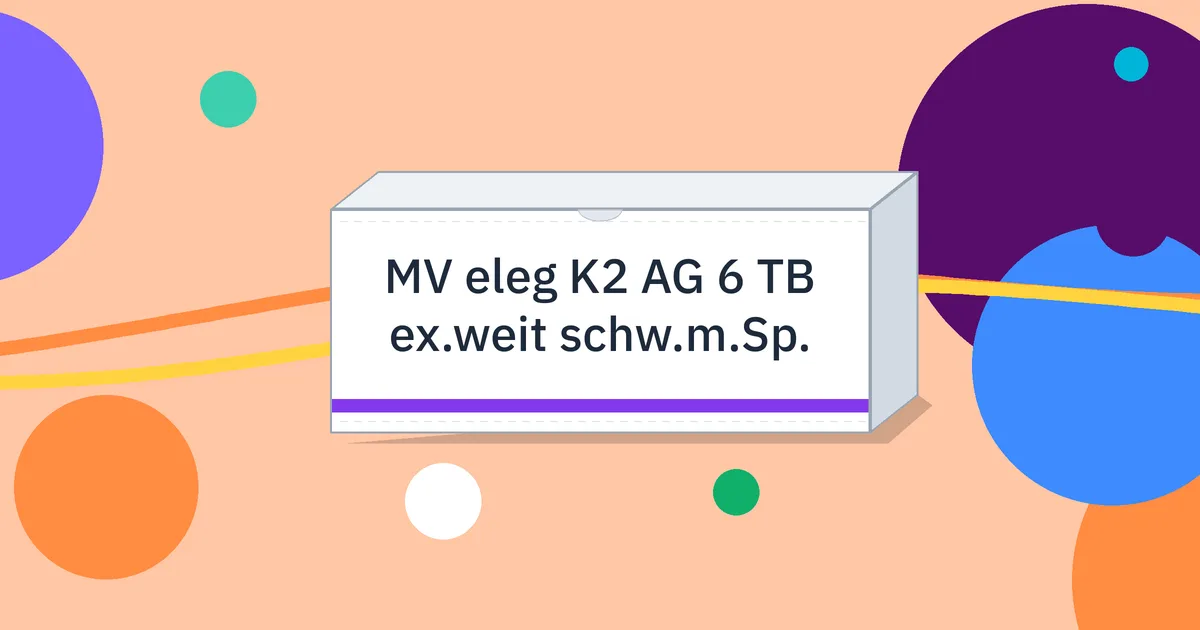 Symbolbild: Packung mit der Aufschrift MV eleg K2 AG 6 TB ex.weit schw.m.Sp. (PZN 09878106) – Verfügbarkeit und Bezug in Apotheken in Frankfurt am Main