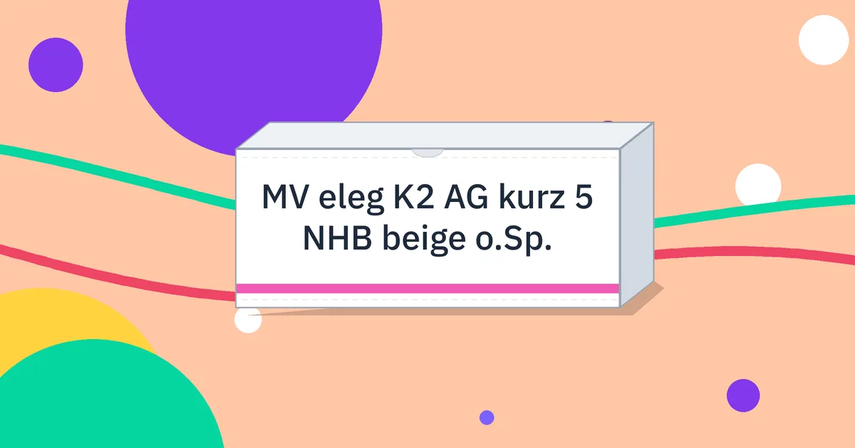 Symbolbild: Packung mit der Aufschrift MV eleg K2 AG kurz 5 NHB beige o.Sp. (PZN 15716709) – Verfügbarkeit und Bezug in Apotheken in Frankfurt am Main