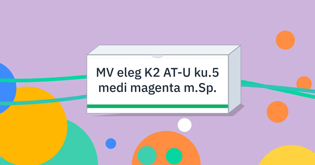 Symbolbild: Packung mit der Aufschrift MV eleg K2 AT-U ku.5 medi magenta m.Sp. (PZN 15291724) – Verfügbarkeit und Bezug in Apotheken in Frankfurt am Main