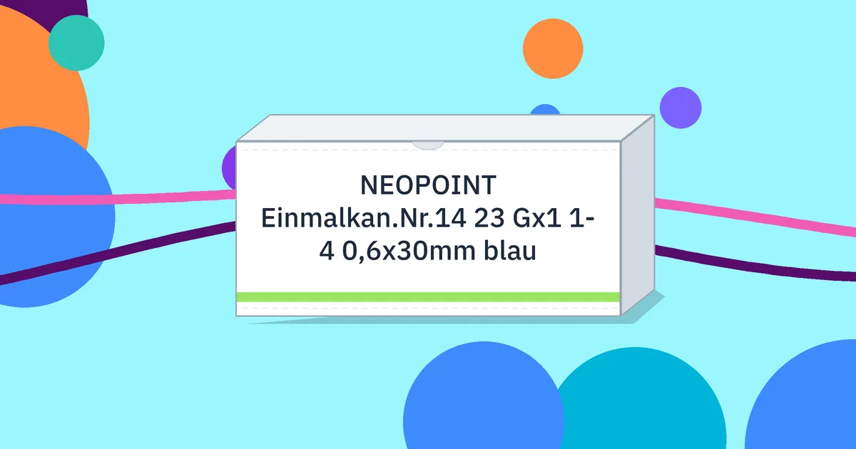 Symbolbild: Packung mit der Aufschrift NEOPOINT Einmalkan.Nr.14 23 Gx1 1-4 0,6x30mm blau (PZN 13873126) – Verfügbarkeit und Bezug in Apotheken in Frankfurt am Main