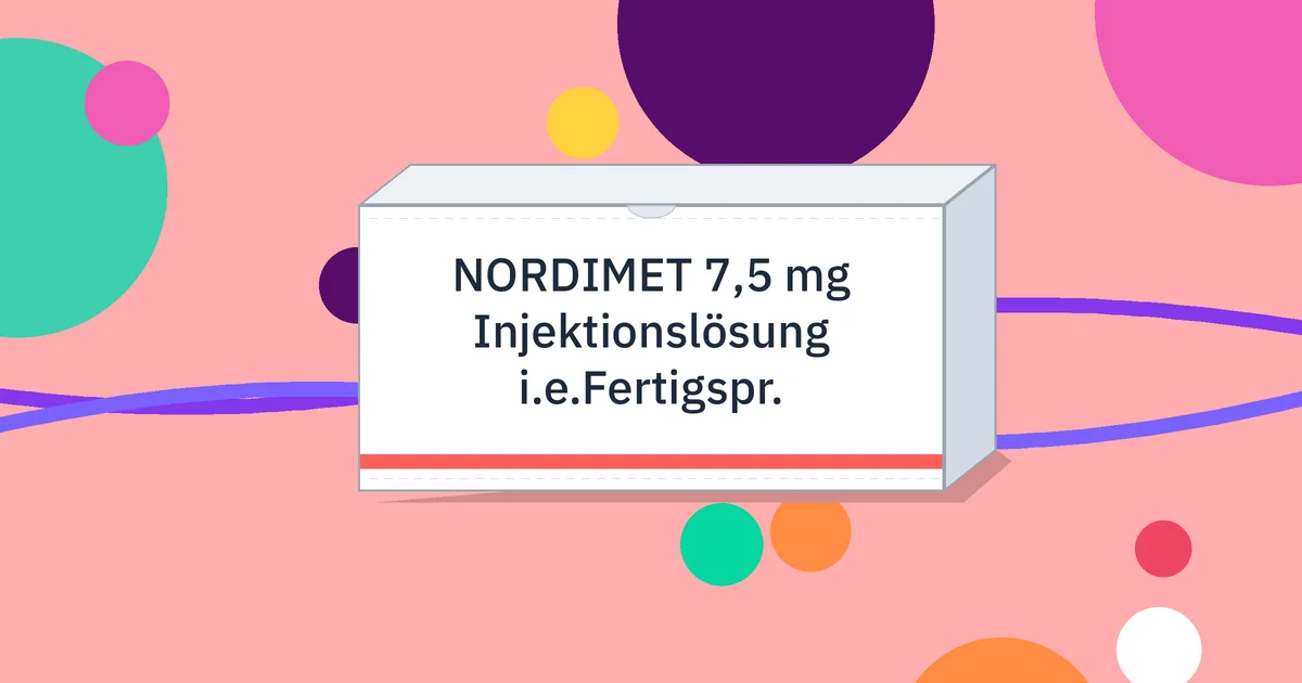 Symbolbild: Packung mit der Aufschrift NORDIMET 7,5 mg Injektionslösung i.e.Fertigspr. (PZN 15264710) – Verfügbarkeit und Bezug in Apotheken in Frankfurt am Main