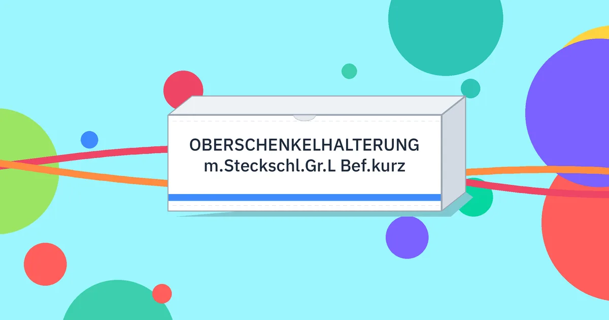 Symbolbild: Packung mit der Aufschrift OBERSCHENKELHALTERUNG m.Steckschl.Gr.L Bef.kurz (PZN 11575198) – Verfügbarkeit und Bezug in Apotheken in Frankfurt am Main