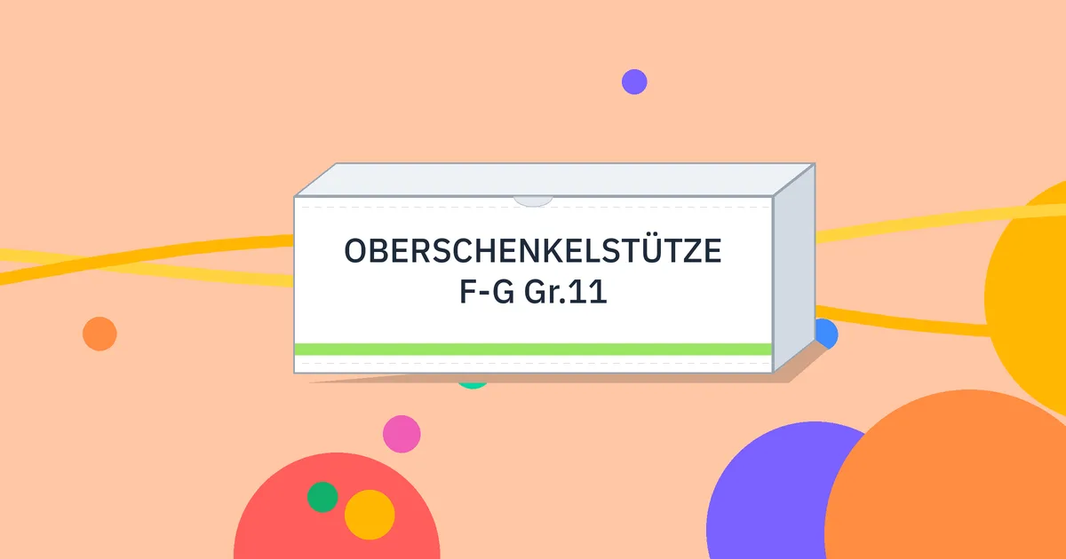 Symbolbild: Packung mit der Aufschrift OBERSCHENKELSTÜTZE F-G Gr.11 (PZN 02008135) – Verfügbarkeit und Bezug in Apotheken in Frankfurt am Main
