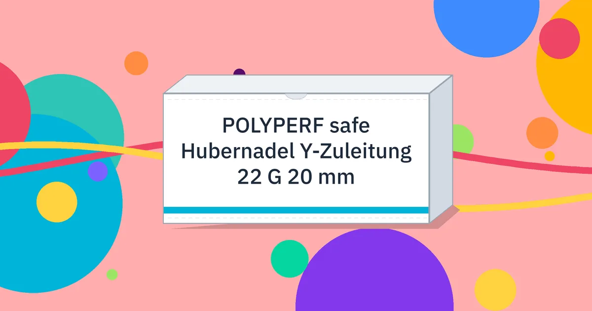 Symbolbild: Packung mit der Aufschrift POLYPERF safe Hubernadel Y-Zuleitung 22 G 20 mm (PZN 18113963) – Verfügbarkeit und Bezug in Apotheken in Frankfurt am Main